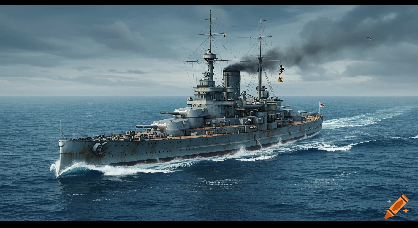 A photorealistic World War 1 battleship, rusty and worn, with cannons ...