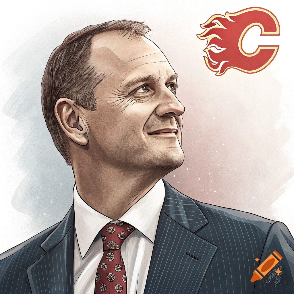 Illustration of Brad Treliving in a suit looking up, with the Calgary ...