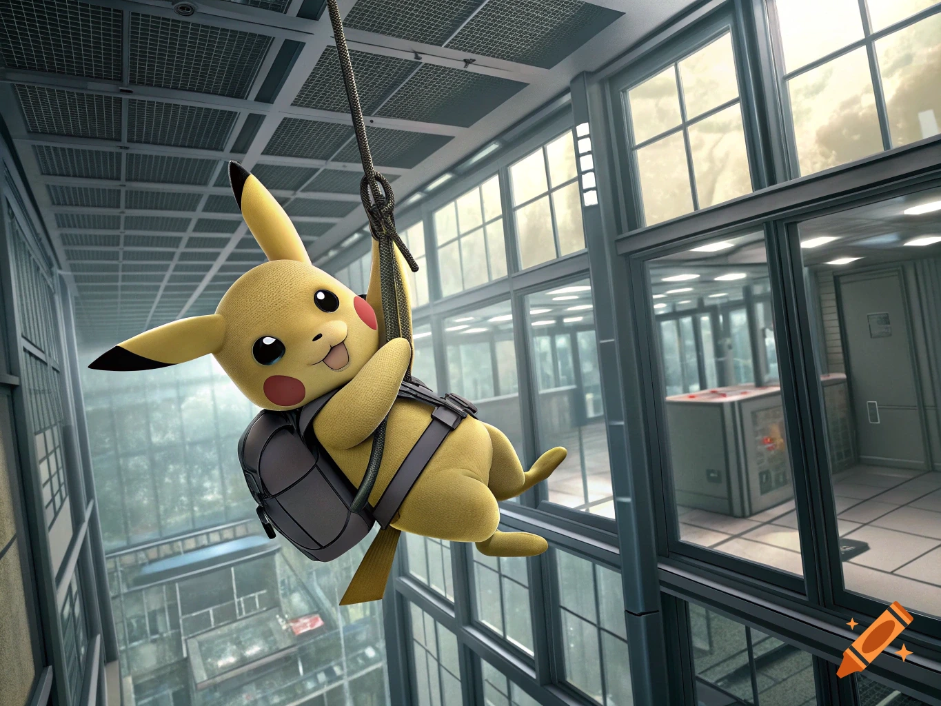 Photorealistic Pikachu hangs upside down from a rope, wearing a backpack, inside a modern ...