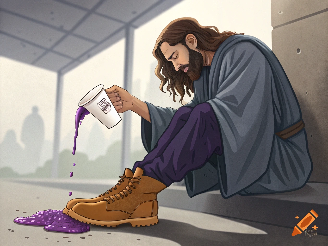 An illustration of Jesus wearing modern clothes and Timberland boots ...