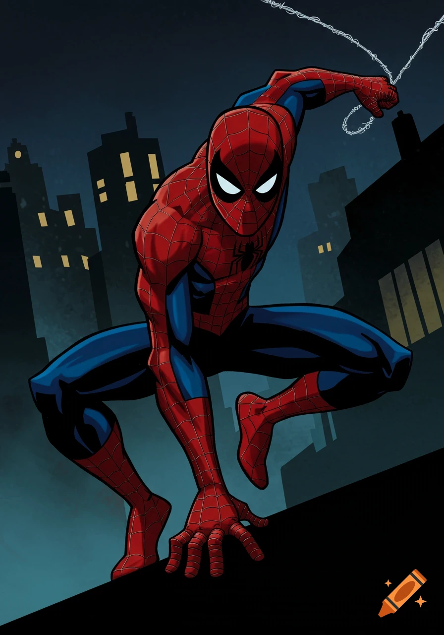 Spider-Man crouches on a rooftop at night with city buildings in the ...