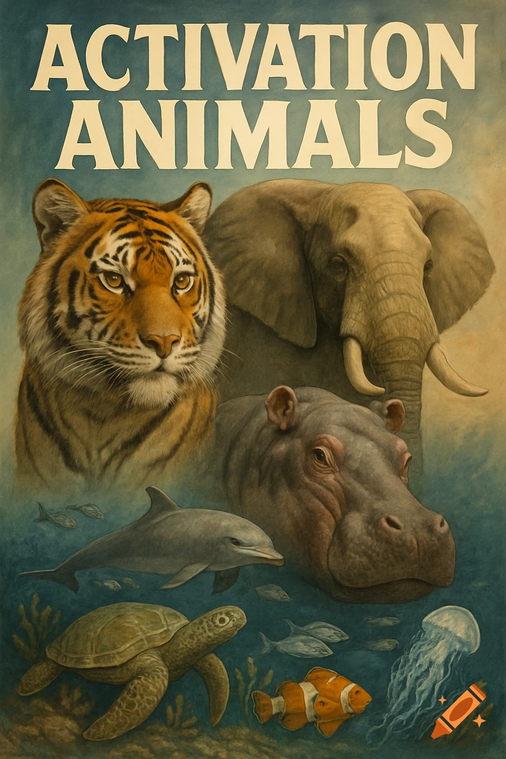 An illustrated poster with 'ACTIVATION ANIMALS' text above a tiger ...