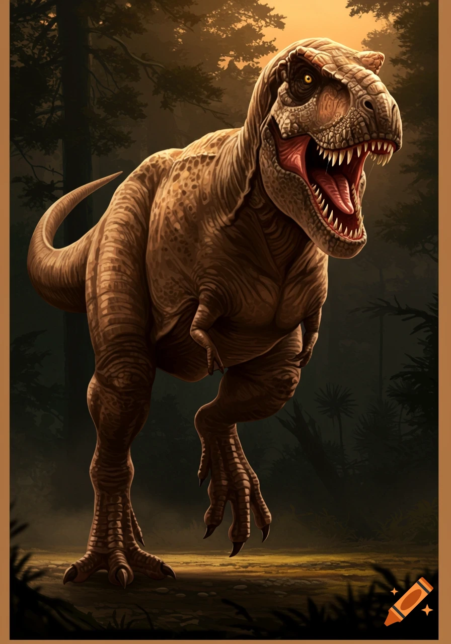 A powerful T-Rex stands roaring in a sunlit prehistoric forest. on Craiyon