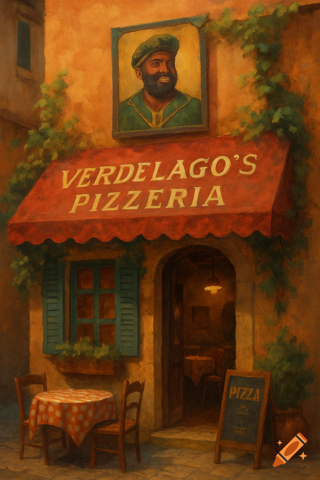 Painterly depiction of VERDELAGO'S PIZZERIA, a quaint street-side ...