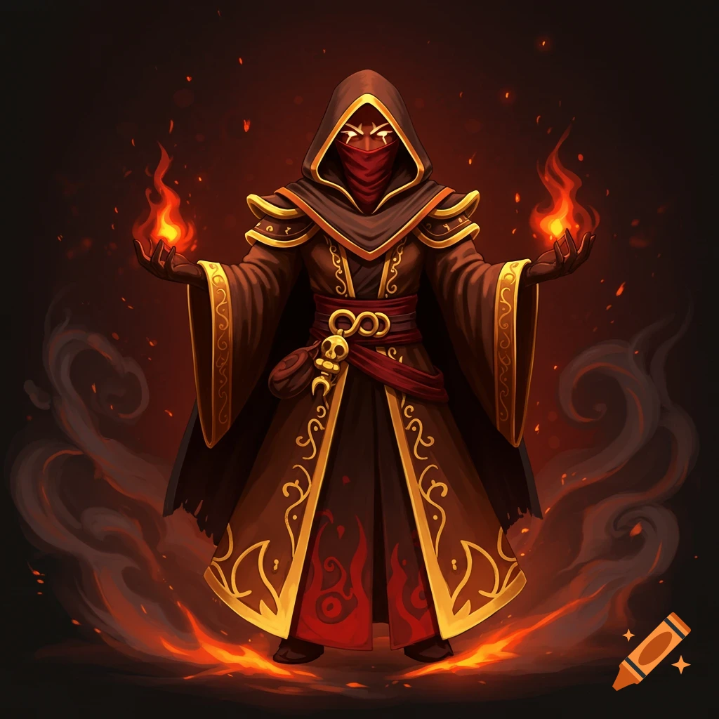 A hooded cultist figure in dark robes with gold trim, holding flames in ...