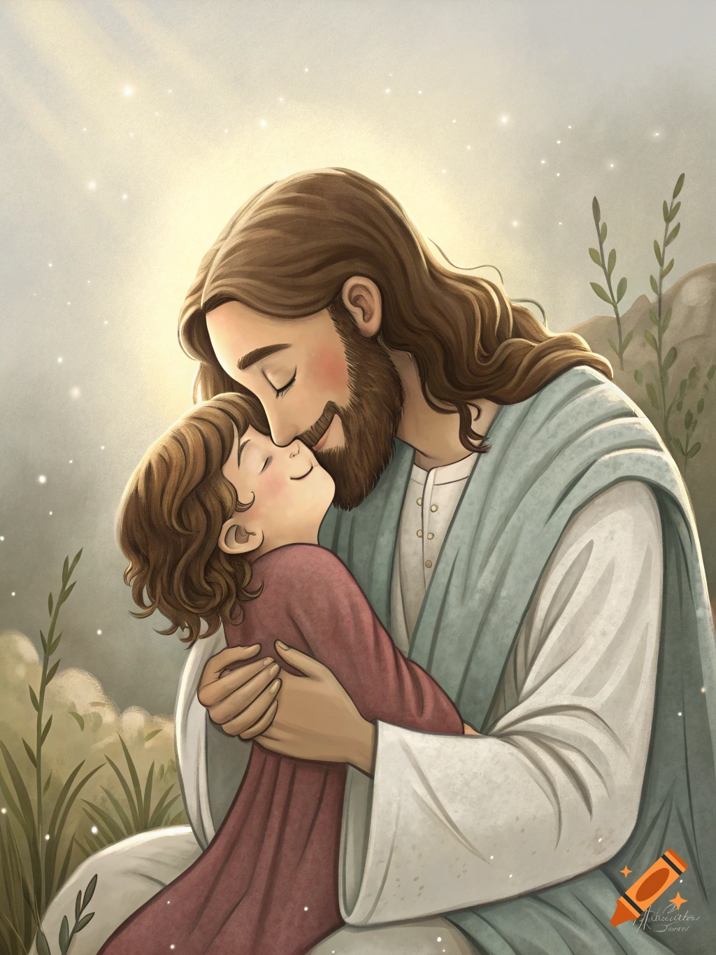 Illustration of Jesus Christ gently hugging and kissing a smiling child ...