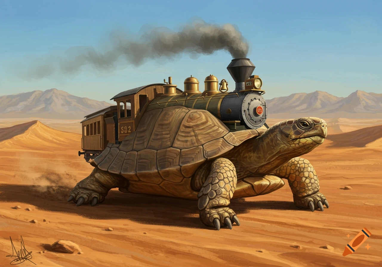 A giant turtle with a steam train on its shell travels through a sandy ...