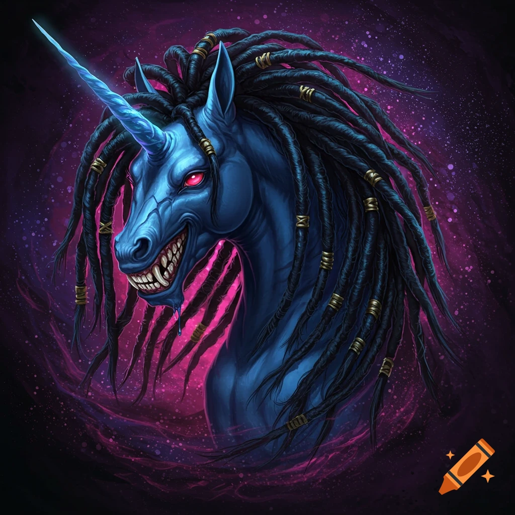 Digital art of a menacing blue unicorn with dreadlocks, red eyes, and ...