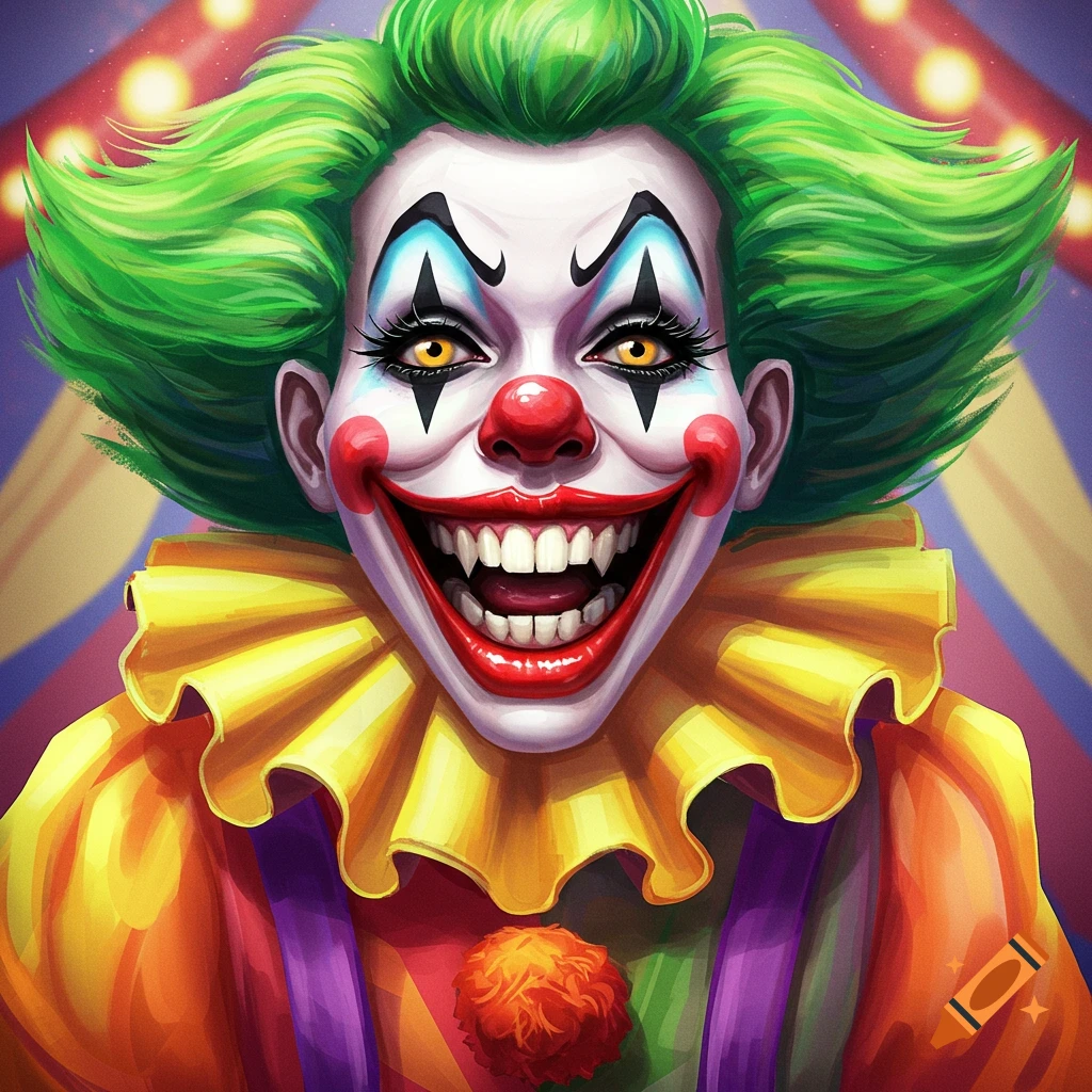 Close-up of a clown with bright green hair, white face paint, a red ...