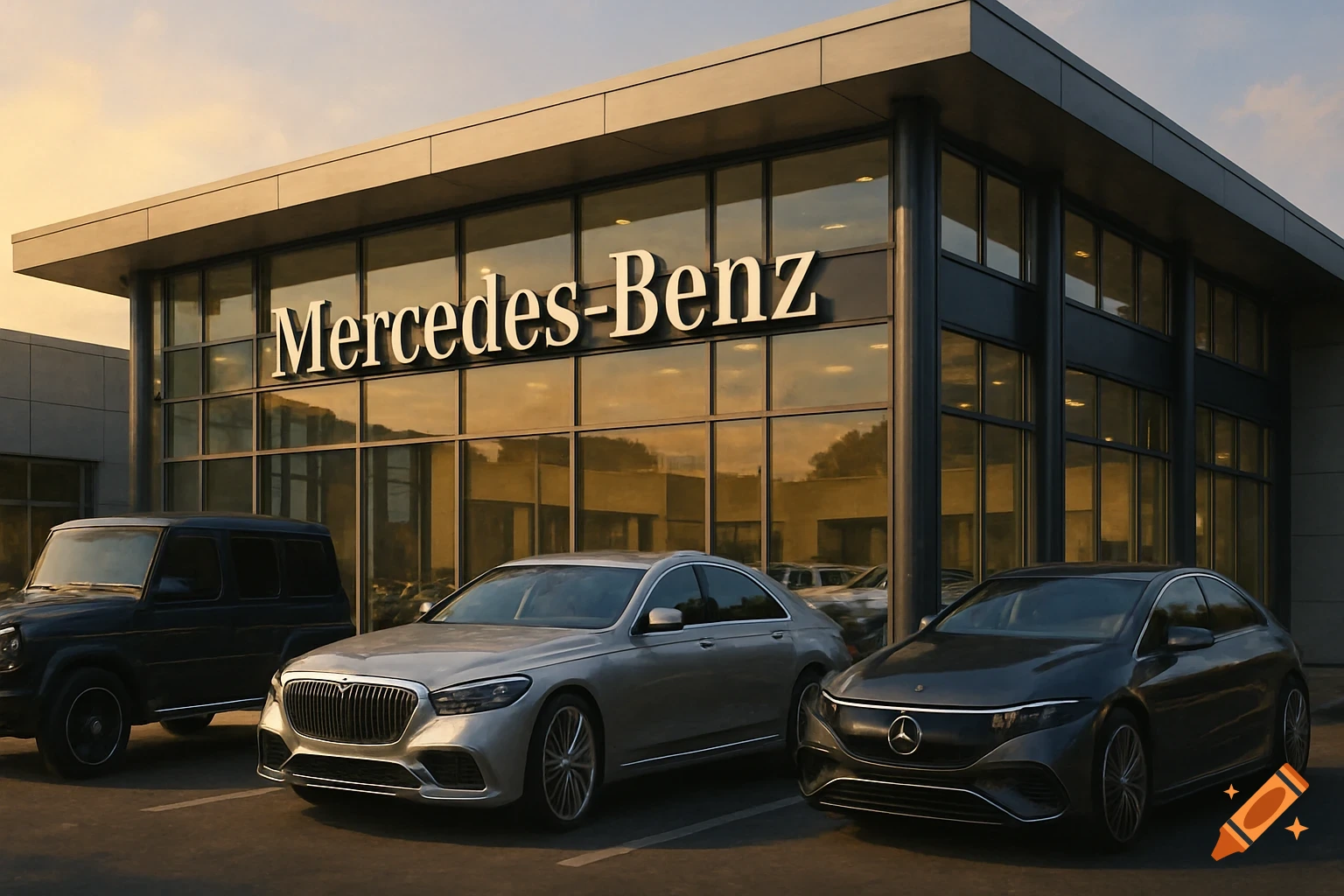 Photorealistic image of a Mercedes-Benz dealership with a black G-Class ...