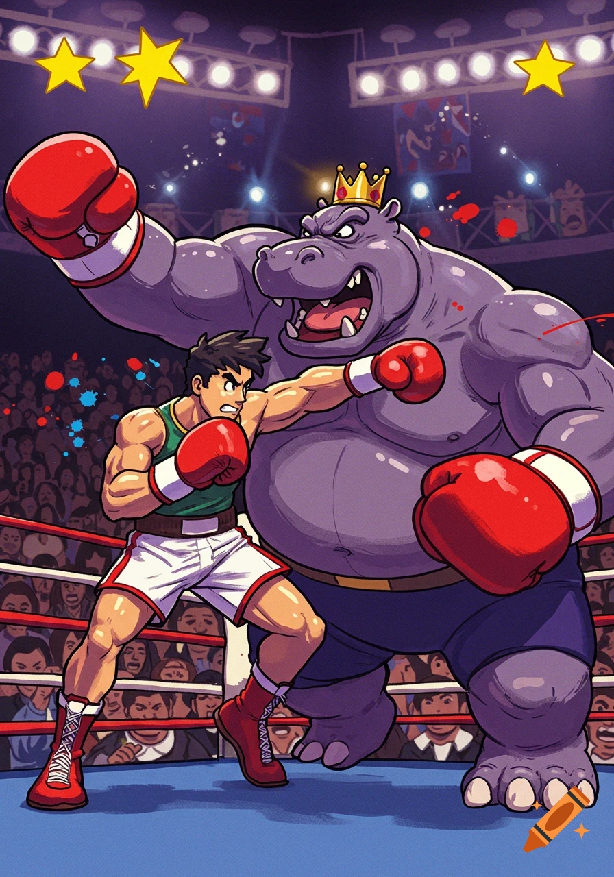 Cartoon Of Little Mac Punching King Hippo In A Boxing Match With A