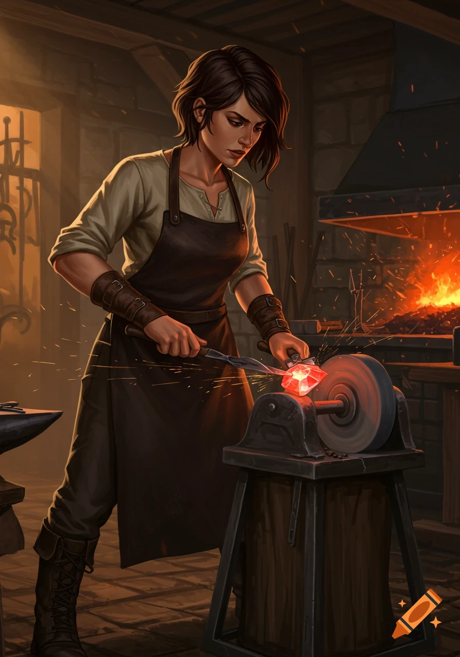 A female blacksmith with short dark hair in a leather apron sharpens a ...