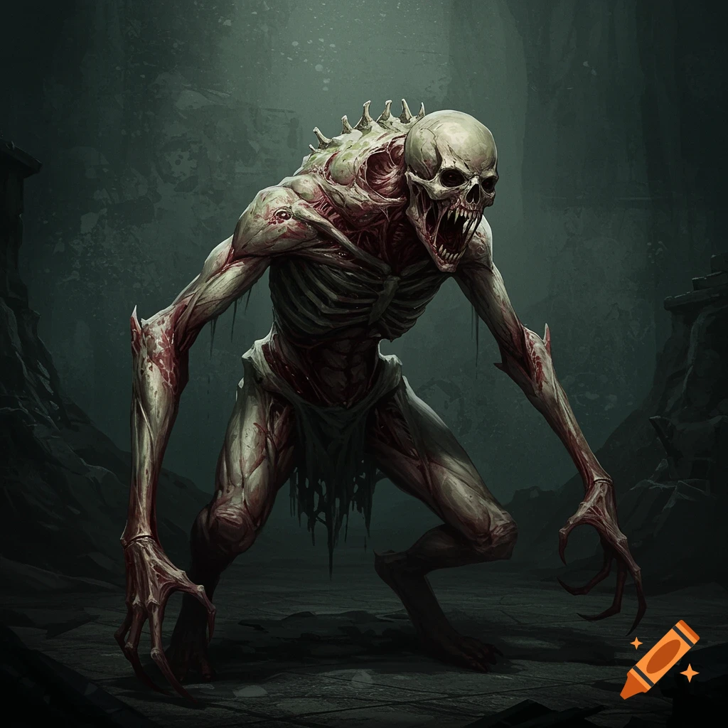 A grotesque skeletal creature with exposed muscles and torn flesh ...