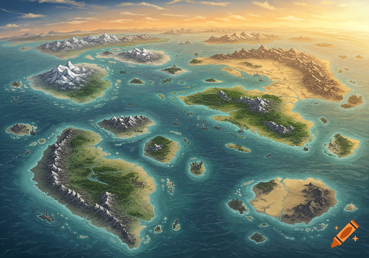 An illustrated top-down fantasy map showing multiple islands and ...