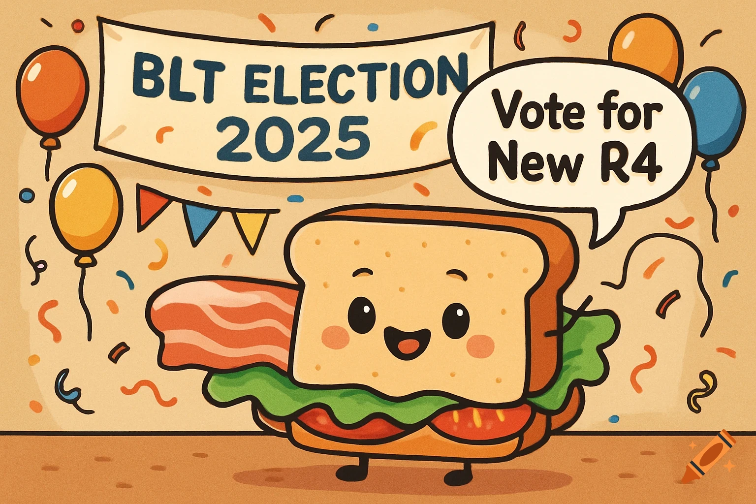 Cute cartoon BLT sandwich holding a speech bubble 'Vote for New R4'. A ...