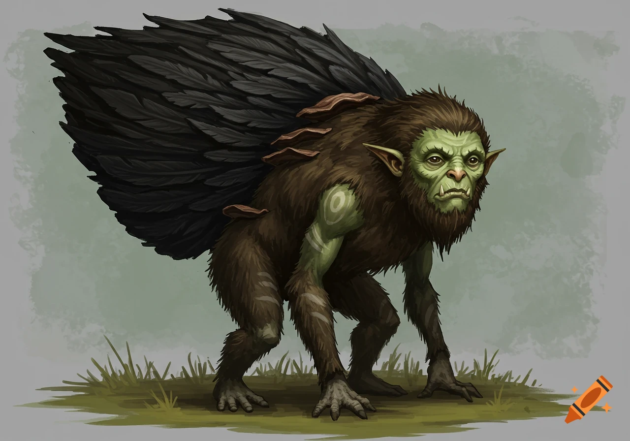 A hunched, furry fantasy creature with green skin, a human-like face ...