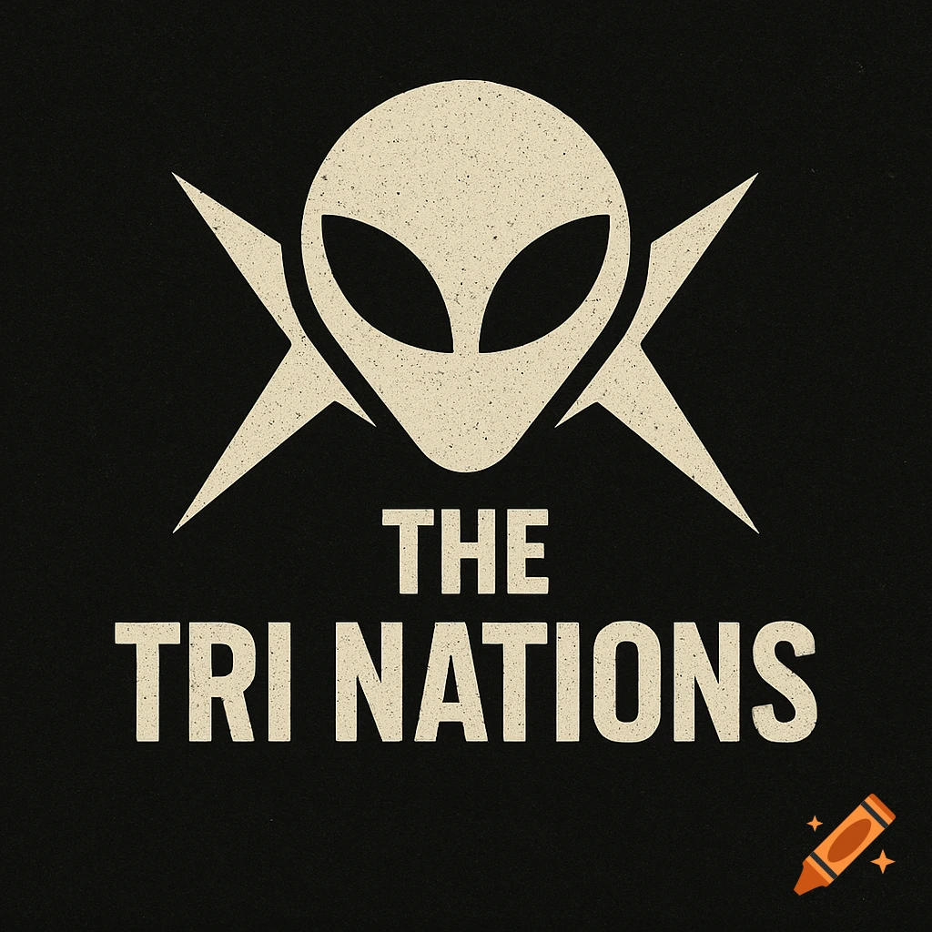 A beige alien head symbol with crossed shapes behind it, above the text ...