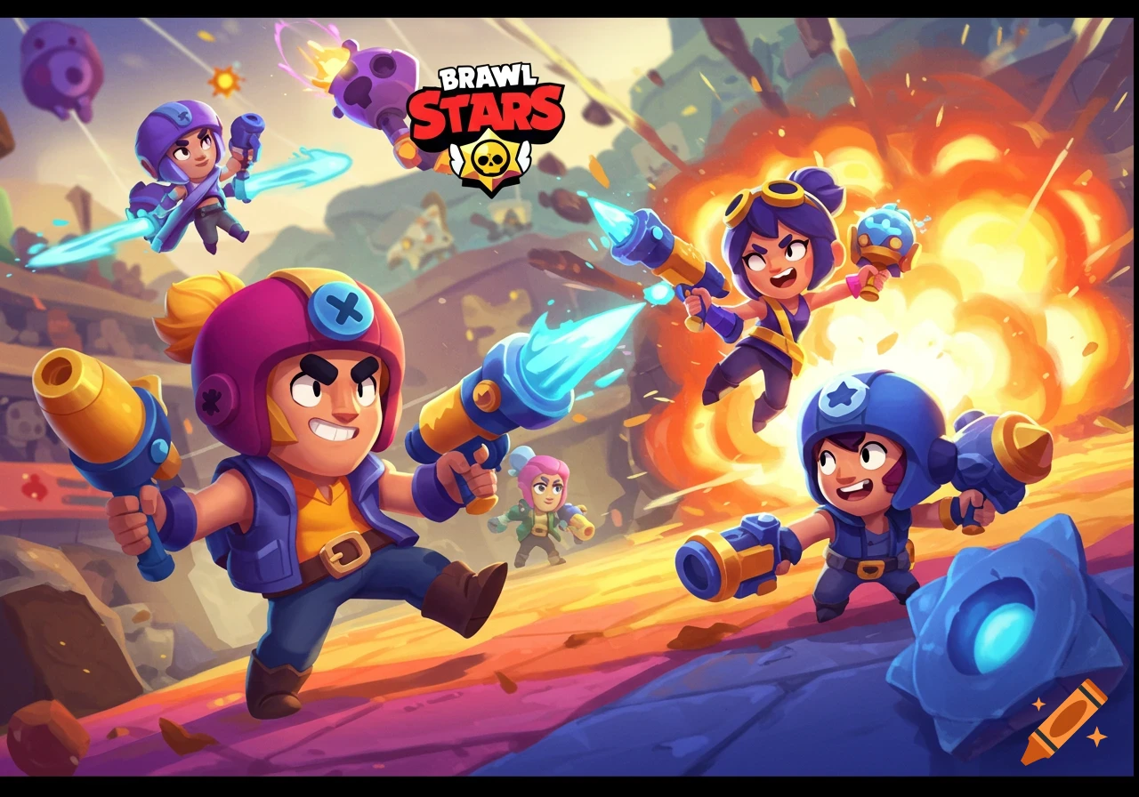 Vibrant cartoon illustration of Brawl Stars characters in a dynamic ...