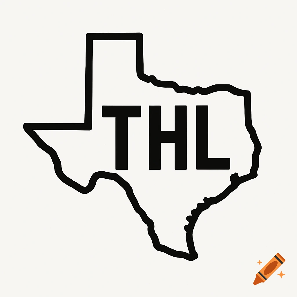 Black outline of the state of Texas with the letters THL inside. on Craiyon