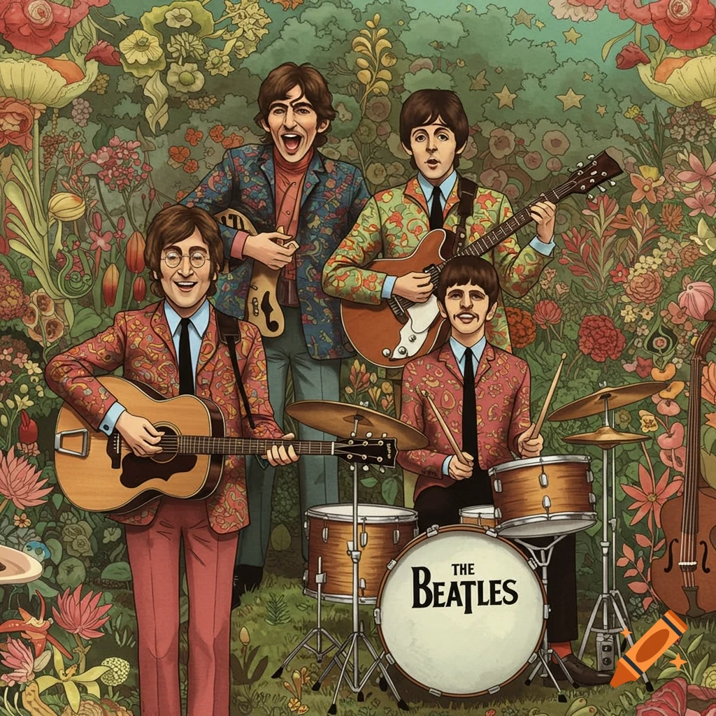 The Beatles band members, illustrated in a colorful, psychedelic style ...