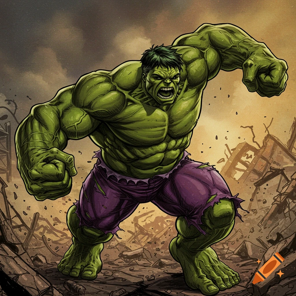 A powerful, green-skinned Hulk in purple shorts roars amidst a ...