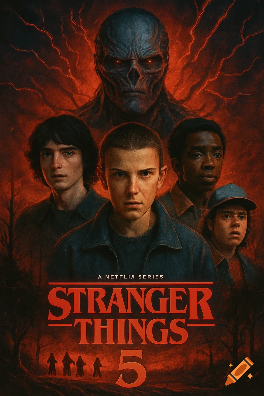 A dark, stylized poster for Stranger Things 5, featuring characters ...