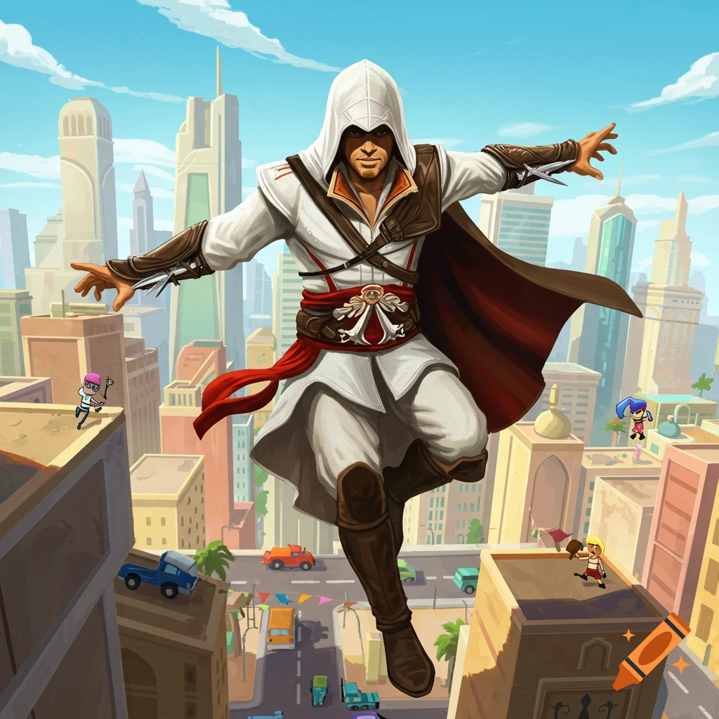 Altair from Assassin's Creed leaps over a cartoon city skyline, with ...