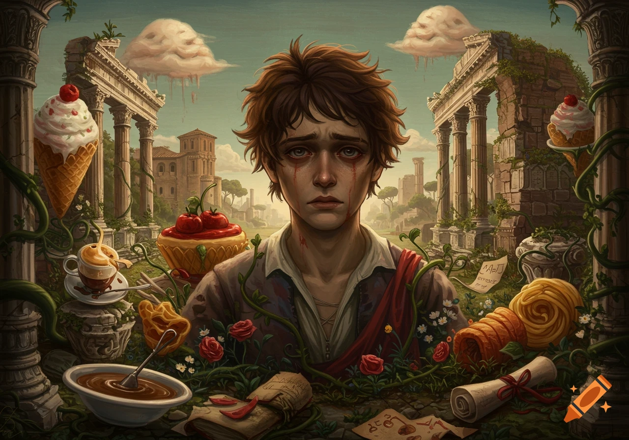 A melancholic boy with red tears in a surreal landscape of Roman ruins ...