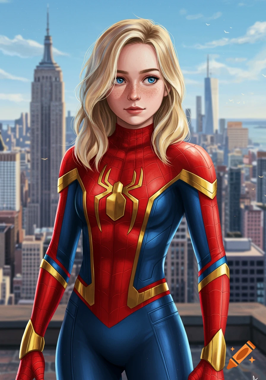Blonde Spider-Girl in a red and blue suit with gold accents stands on a ...