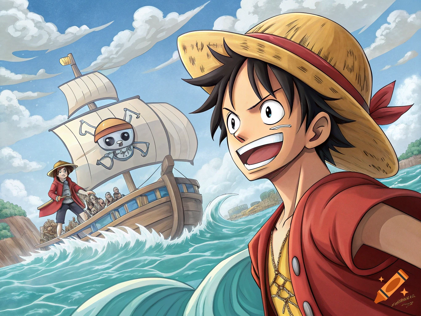 Anime style illustration of Monkey D. Luffy smiling in the foreground ...