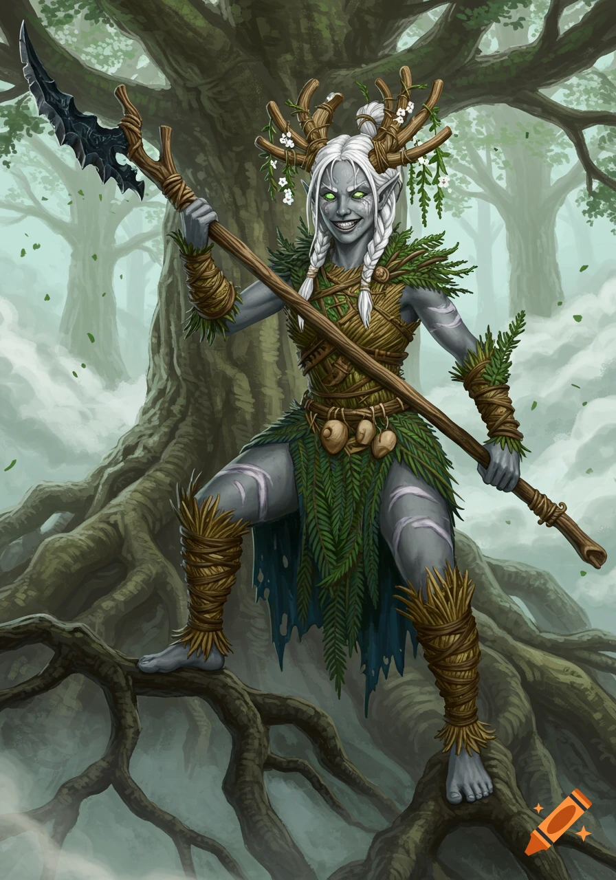 A grey-skinned drow-like warrior woman with white braided hair, wearing ...