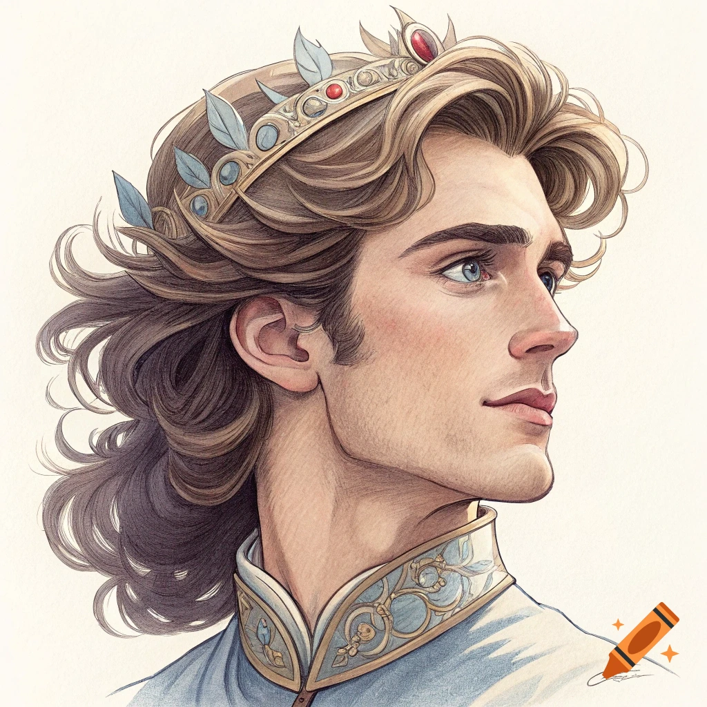 Head drawing of a Disney prince-style man with wavy brown hair and a ...