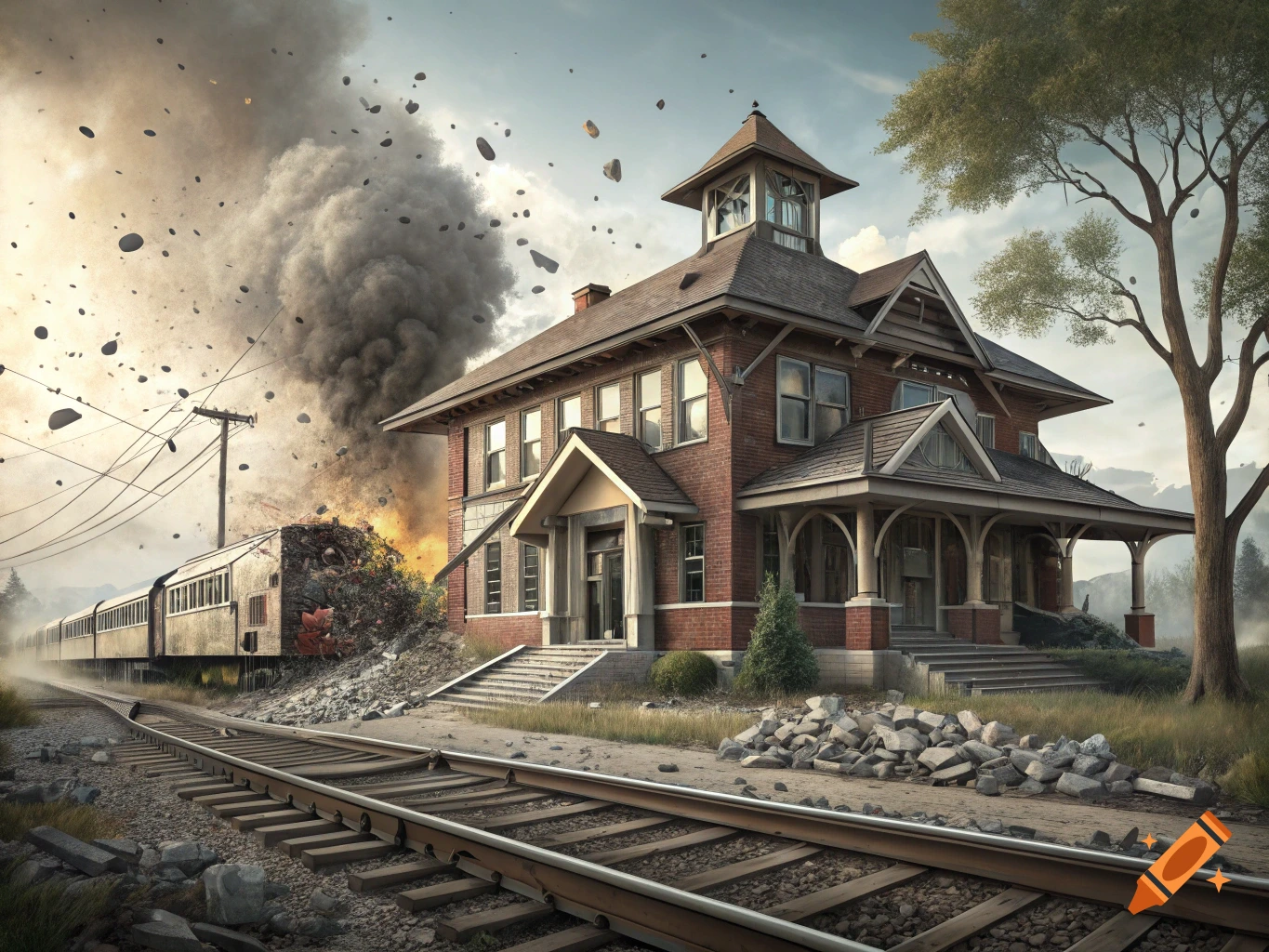 A photorealistic image of a brick building next to train tracks, with a ...