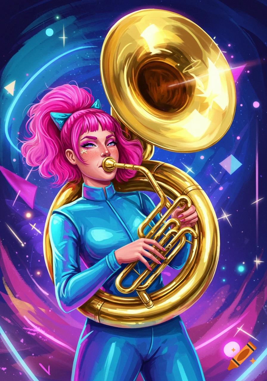 A vibrant, stylized illustration of a woman with pink hair and cat ears ...