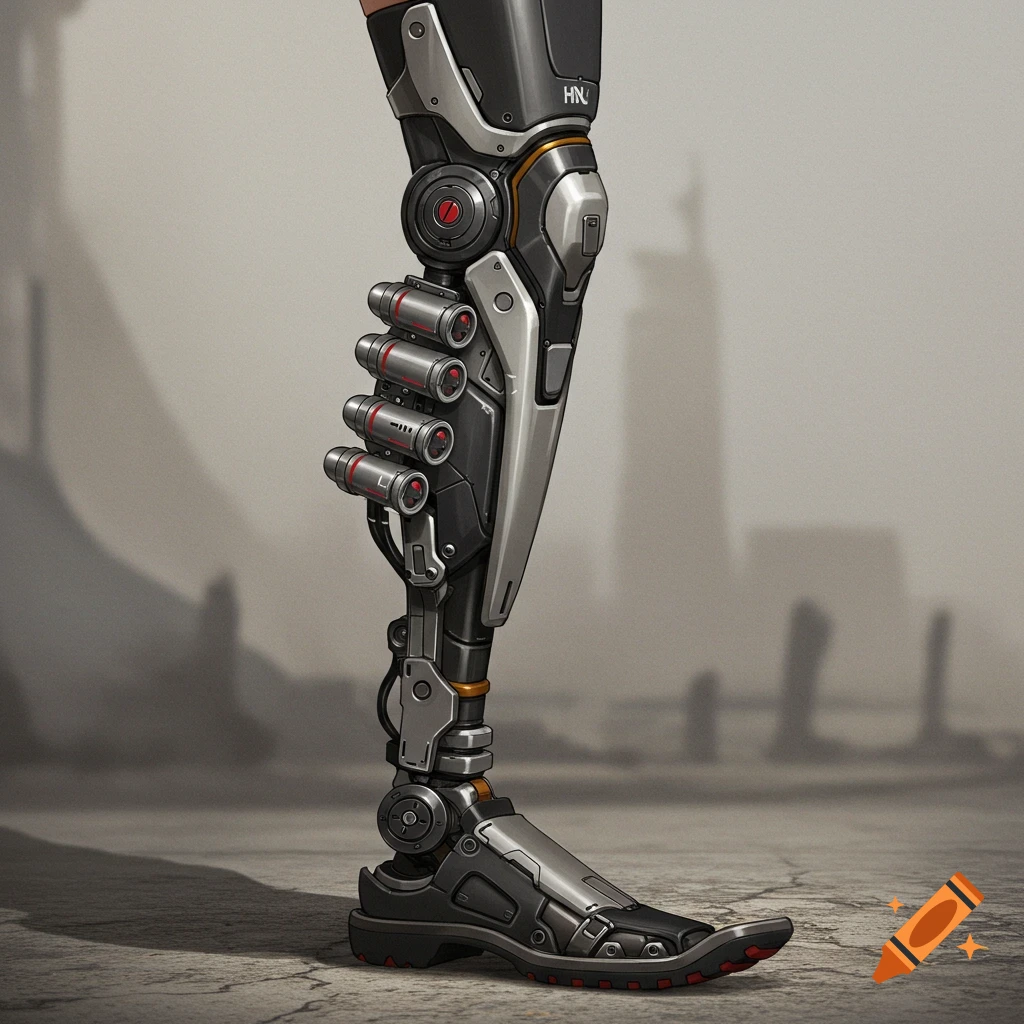 A detailed, futuristic prosthetic leg with red-tipped cylinders ...