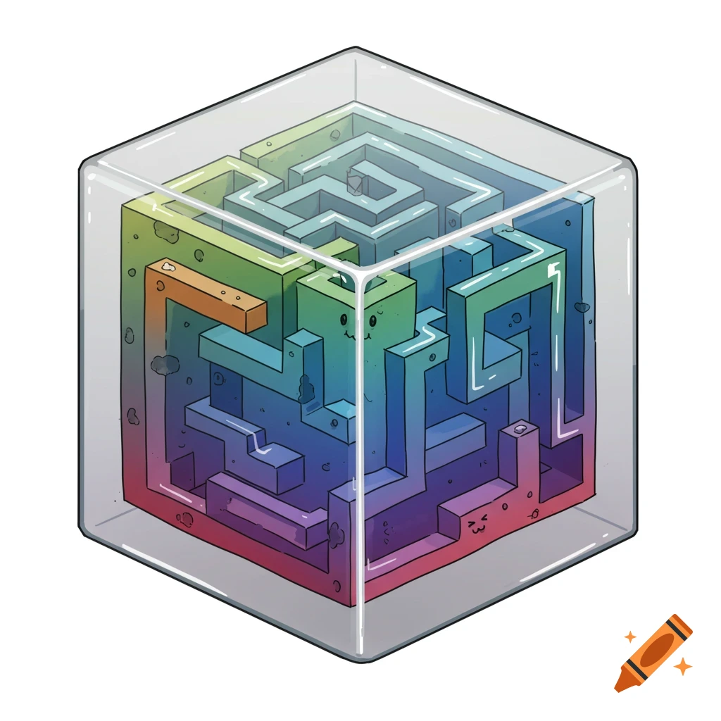 A colorful rainbow-gradient maze enclosed within a transparent glass ...