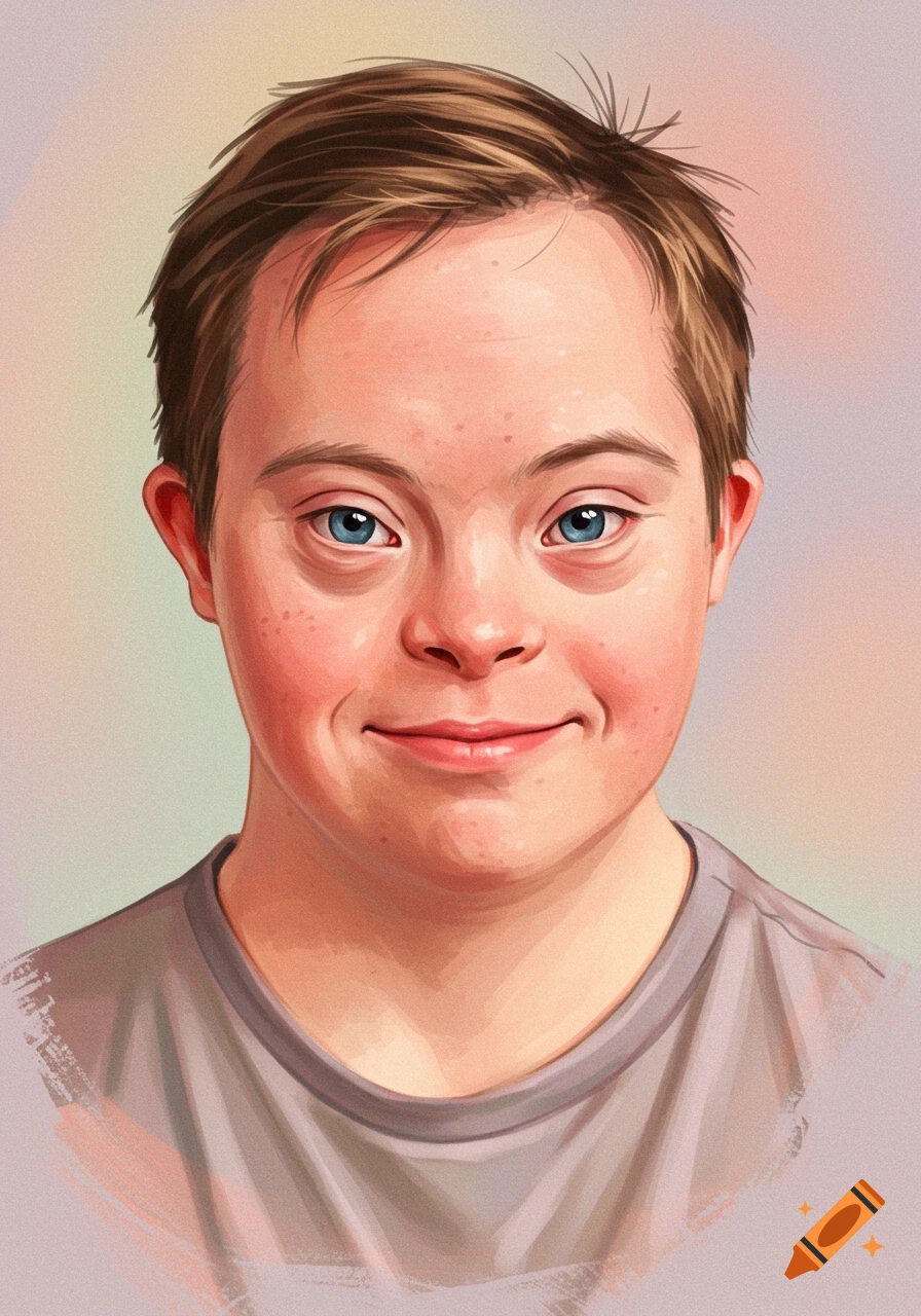 A painterly portrait of a young person with Down Syndrome, looking ...