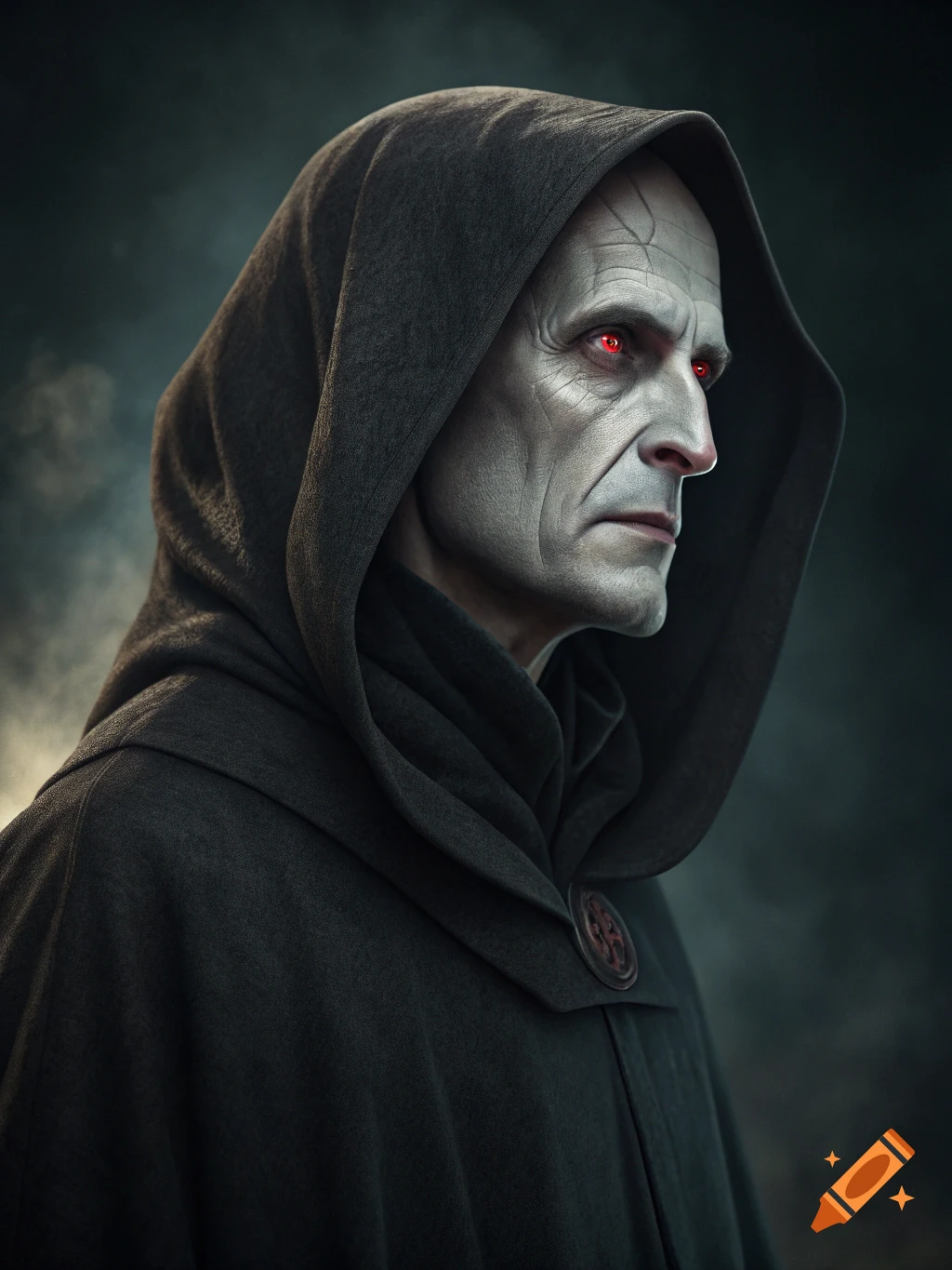 A photorealistic portrait of a pale man with glowing red eyes and a ...