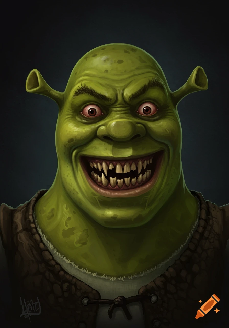 Close-up digital art portrait of a scary, green-skinned ogre with sharp ...