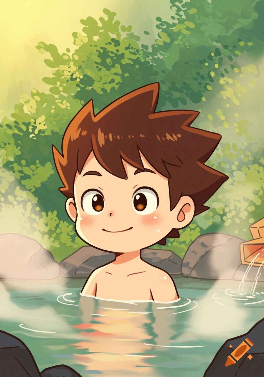 A smiling cartoon boy with spiky brown hair relaxing in an outdoor ...