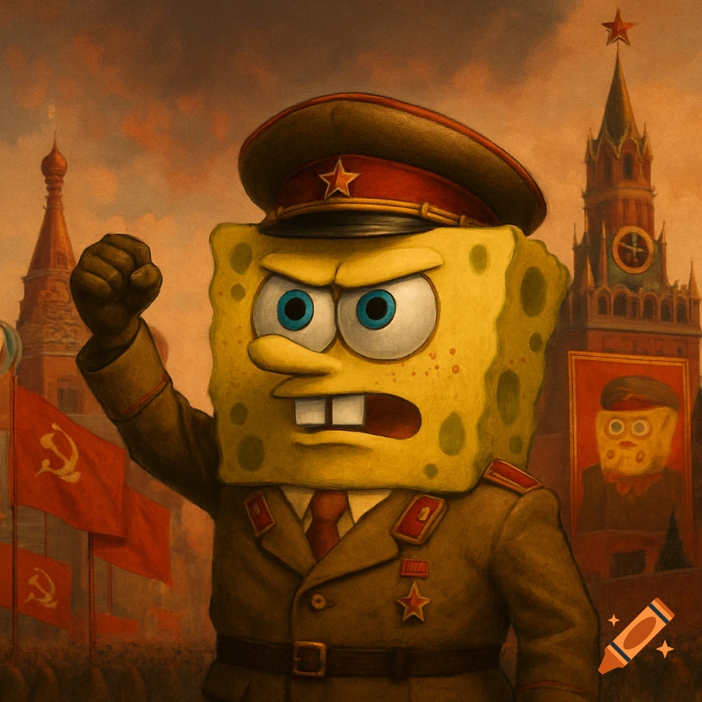 An angry, square-shaped SpongeBob SquarePants dressed in a Soviet-era ...