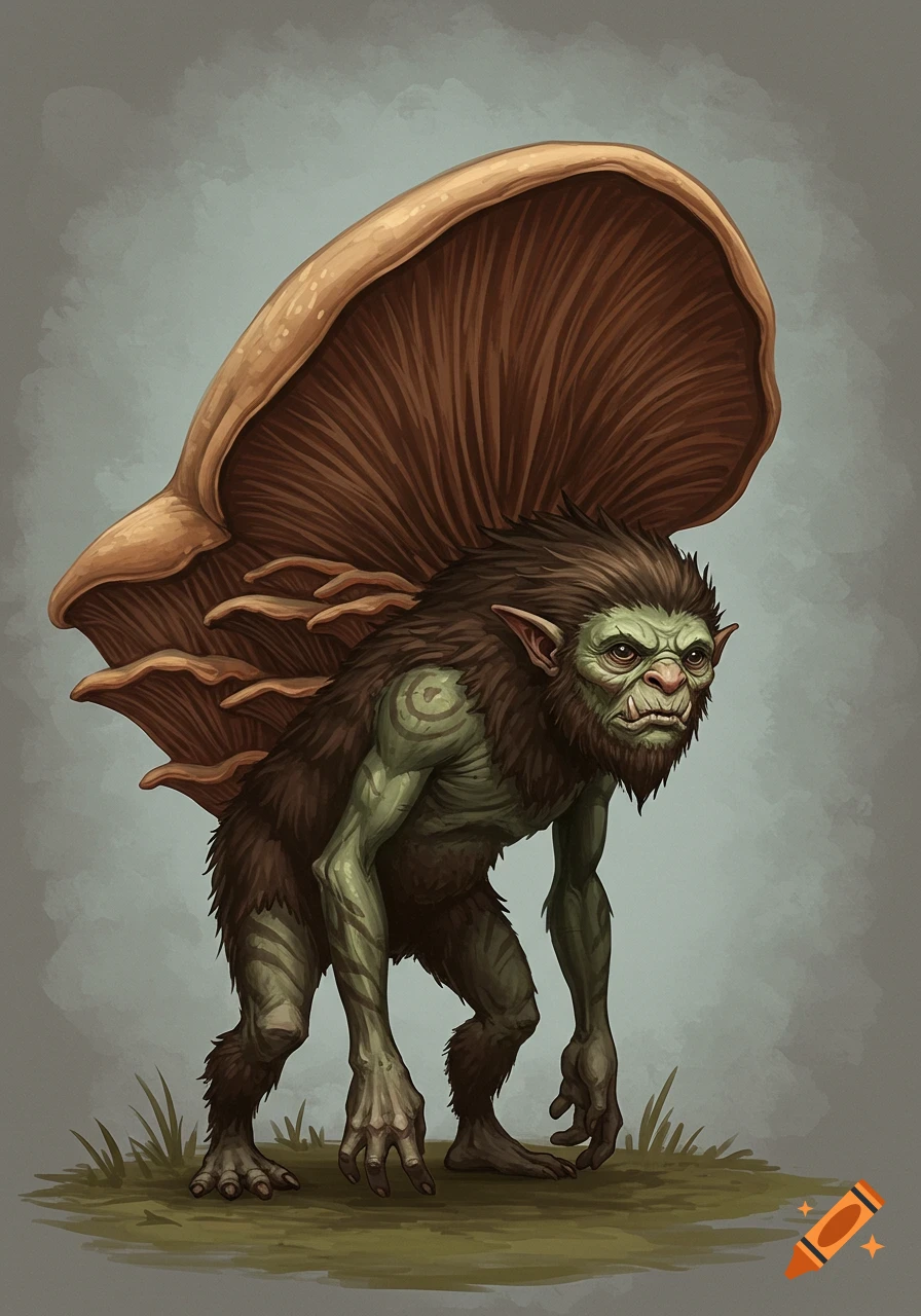 A fantasy creature with green skin, brown fur, pointed ears, and a ...