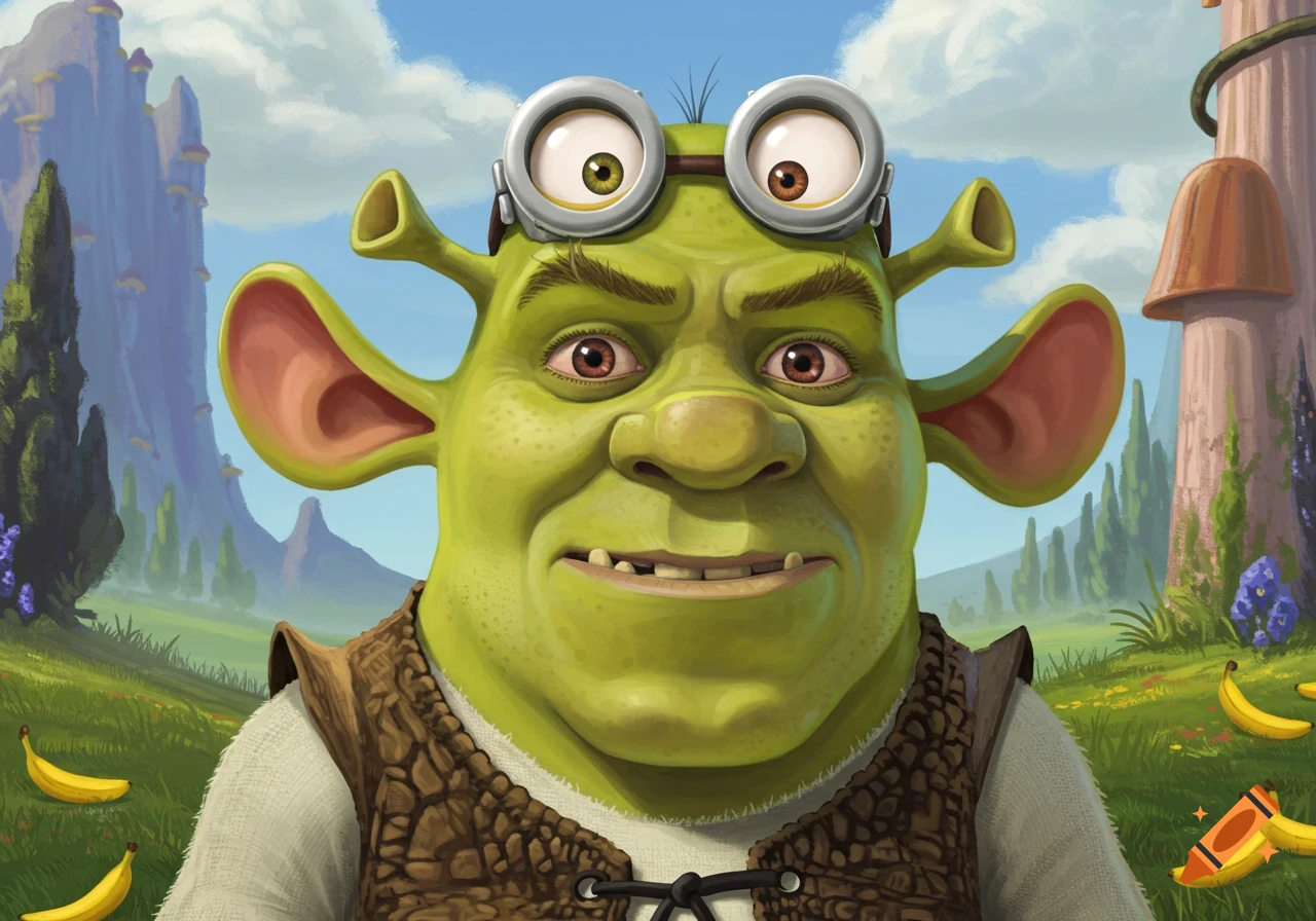 Close-up of Shrek wearing Minion goggles in a bright, detailed animated ...