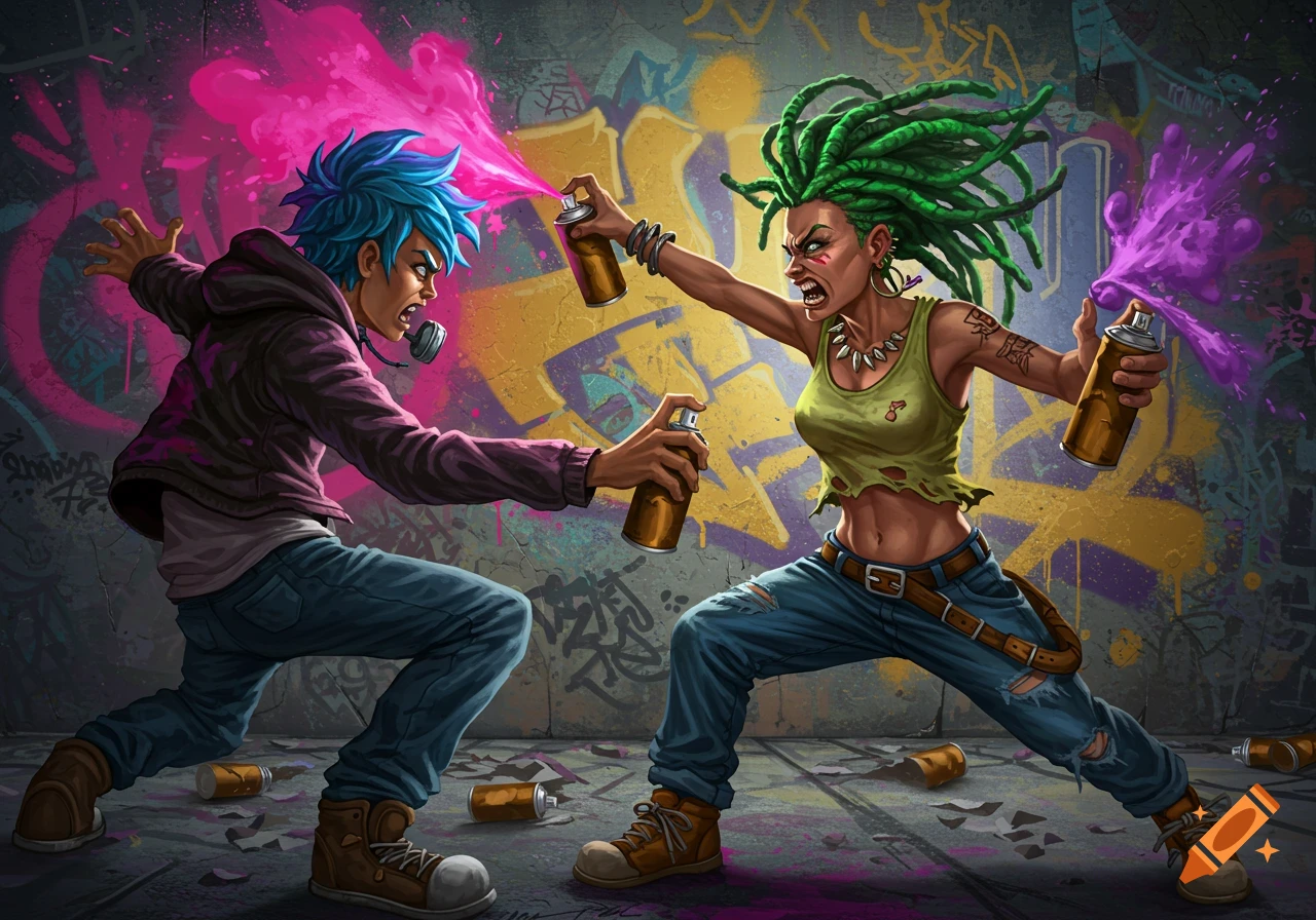 Two stylized graffiti artists, a man with blue hair and a woman with ...