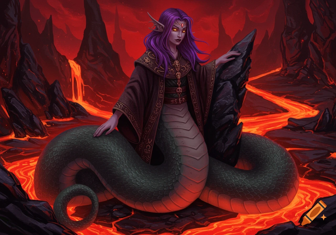 A purple-haired lamia with glowing eyes sits in a volcanic landscape ...