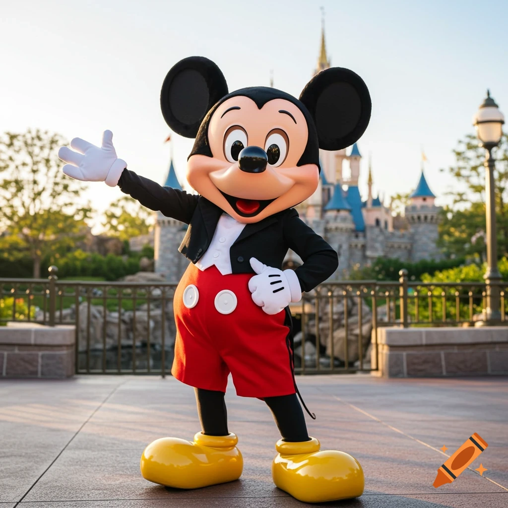 Mickey Mouse character in a suit posing in front of a castle. on Craiyon