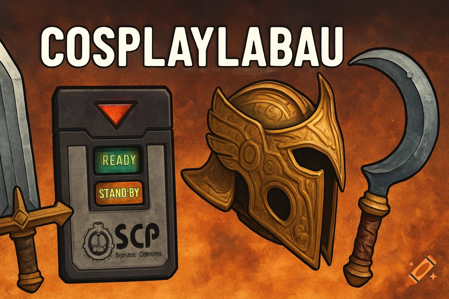 A banner with the text "COSPLAYLABAU" above a sword, a gray device with ...