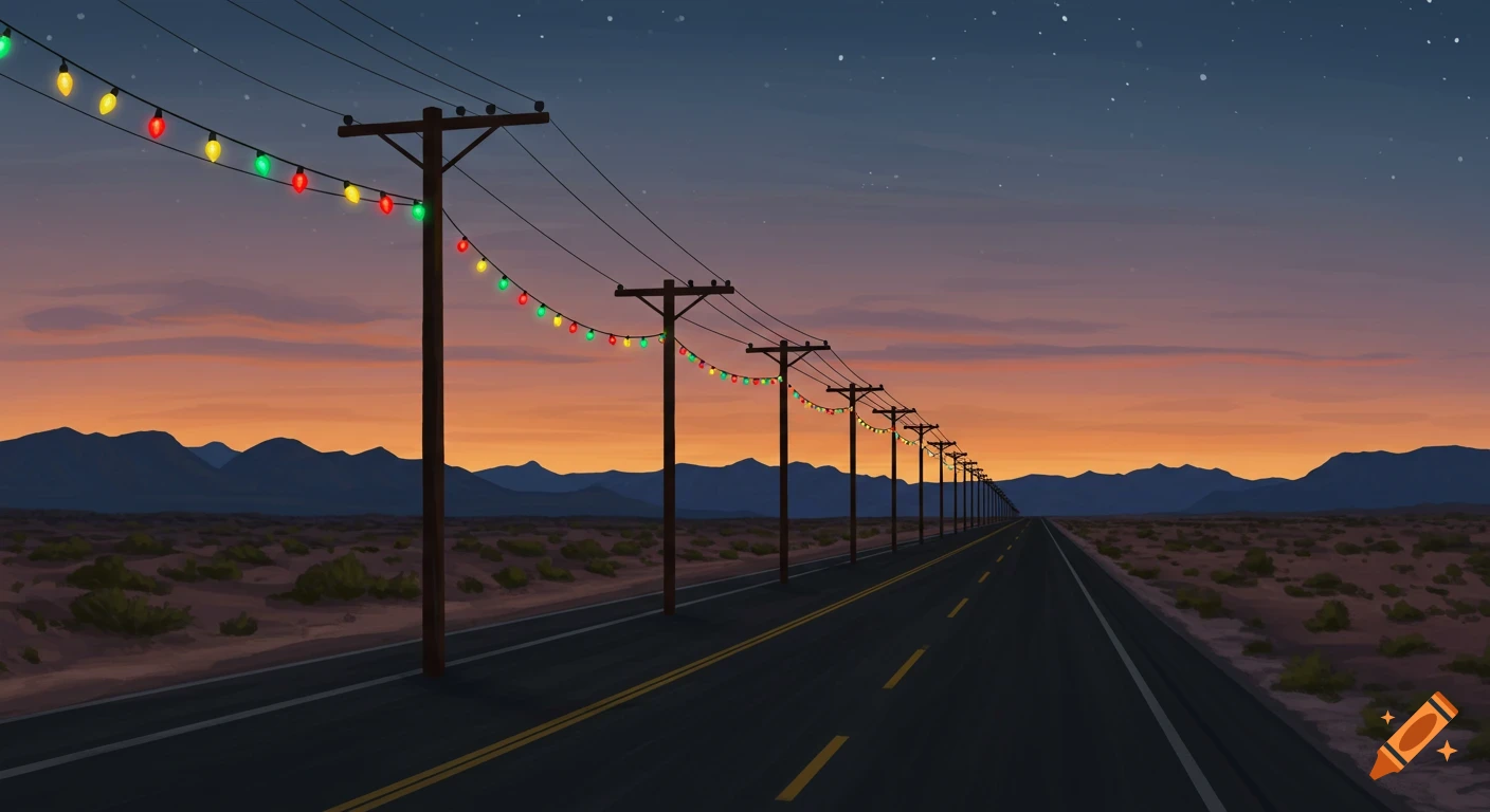 A desert road at sunset lined with telephone poles decorated with colorful Christmas lights ...
