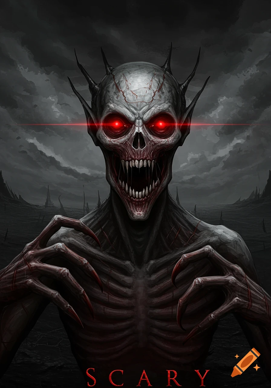 A terrifying skeletal demon with glowing red eyes and sharp teeth ...