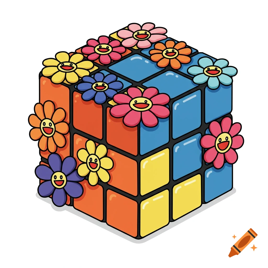 A colorful cartoon Rubik's Cube adorned with multi-colored smiling ...